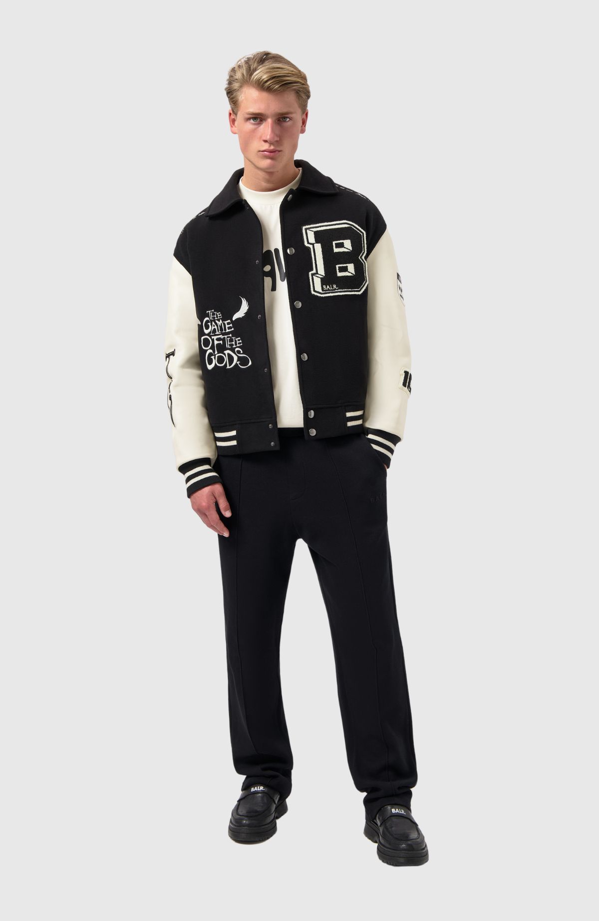 game of the gods graffiti box fit varsity jacket